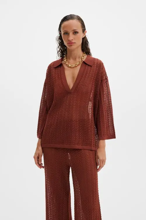 MALINA Imene Pointelle Knitted Collared Top - Rust