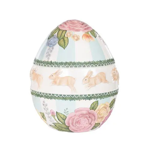GALLERIE II Large Vintage Spring Floral Easter Egg With Stripes Figurine - Pink