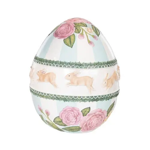 GALLERIE II Large Vintage Spring Floral Easter Egg With Stripes Figurine