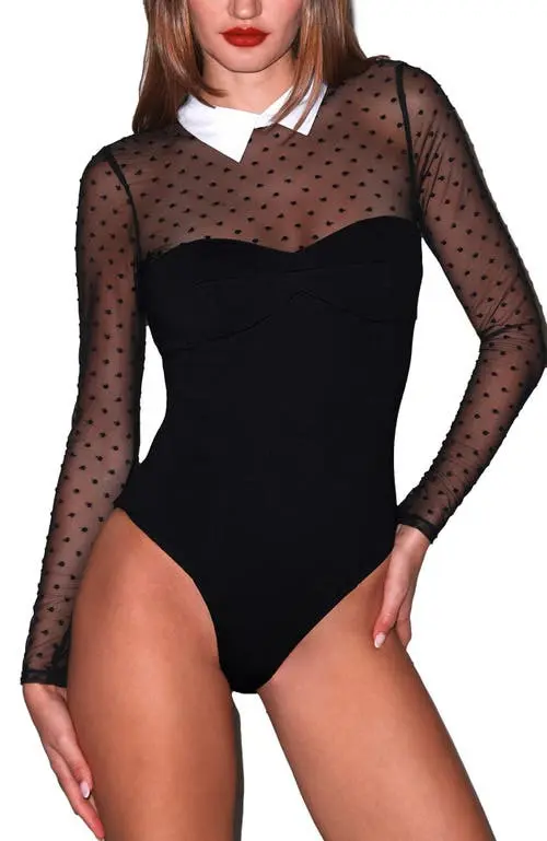 FLEUR DU MAL Collared Bodysuit With Dotted Tulle - Black
