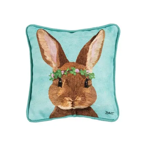 C&F HOME Clover Crown Wreath Easter Bunny Cotton Blend Mini Accent Pillow 8" X 8 - Blue
