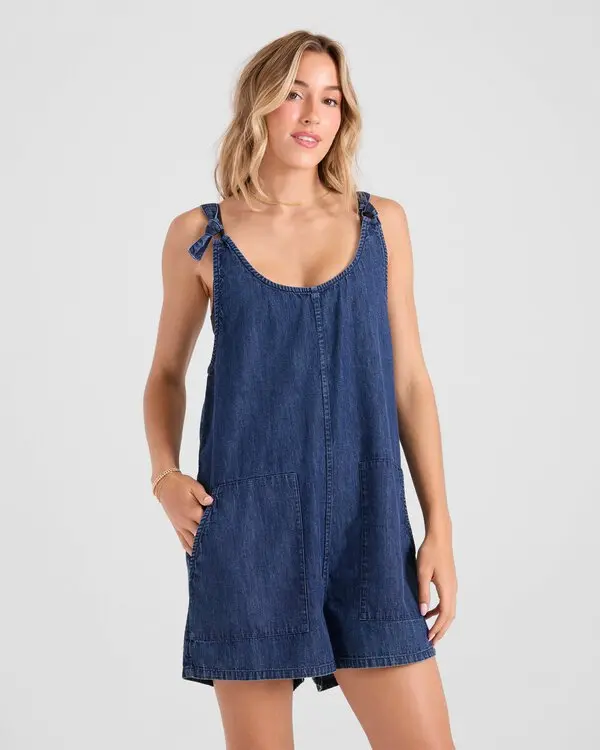 Volcom Lived In Short Denim Romper - Star White