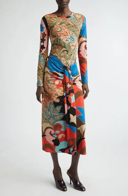 Etro Paisley Lotus Print Knot Front Midi Pencil Skirt