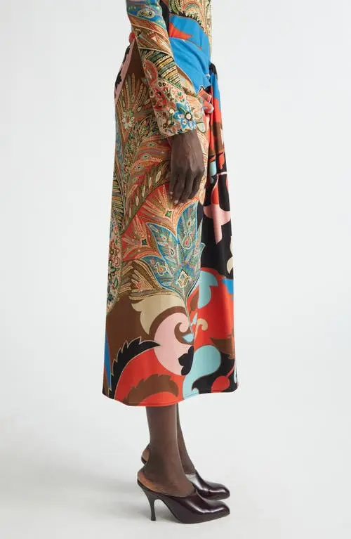 Etro Paisley Lotus Print Knot Front Midi Pencil Skirt