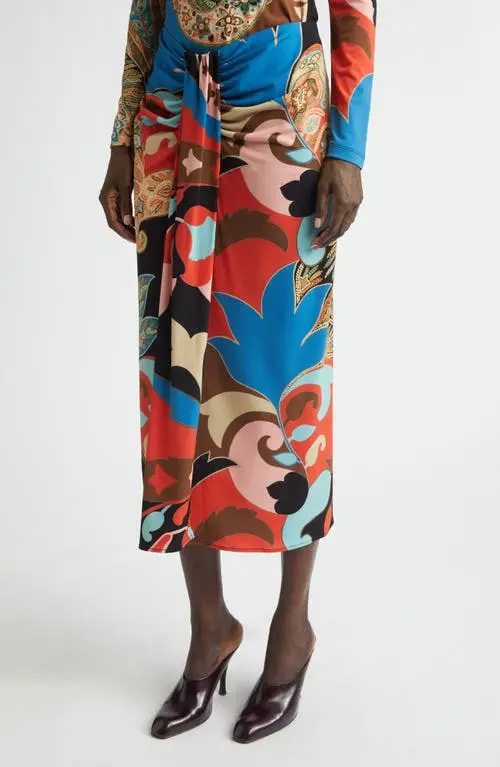 Etro Paisley Lotus Print Knot Front Midi Pencil Skirt
