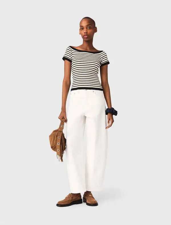 Maje Striped Rib Knit Top With Boat Neck - Navy/ecru
