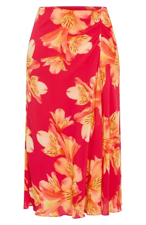 City Chic Printed Ruched Maxi Skirt - Fuchsia Lily