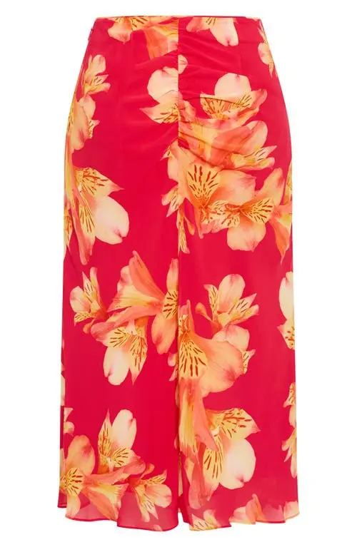 City Chic Printed Ruched Maxi Skirt - Fuchsia Lily