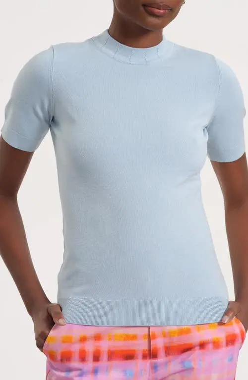 ISAAC MIZRAHI NEW YORK Mock Neck Short Sleeve Sweater - Lite Blue