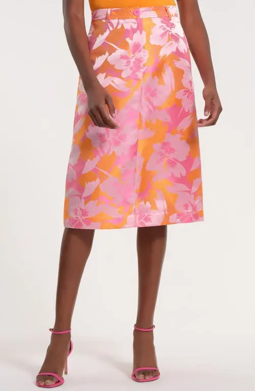 ISAAC MIZRAHI NEW YORK Floral Satin Brocade Pencil Skirt - Pink/orange
