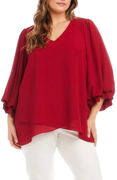 Karen Kane Asymmetric Hem Balloon Sleeve Top - Red