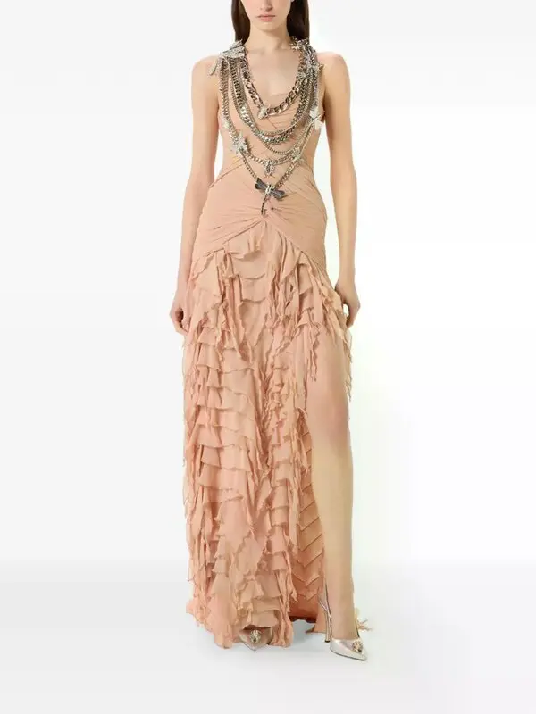 Blumarine Ruched Ruffled Maxi Dress - Neutrals