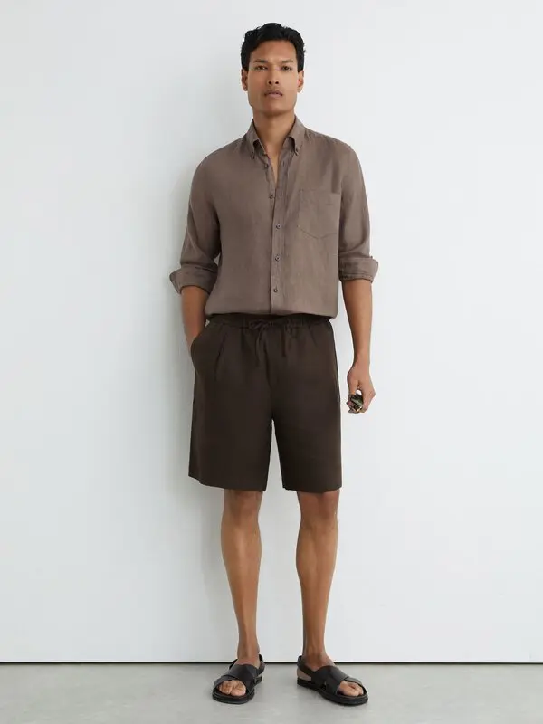 REISS Linen Drawstring Shorts - Chocolate Brown