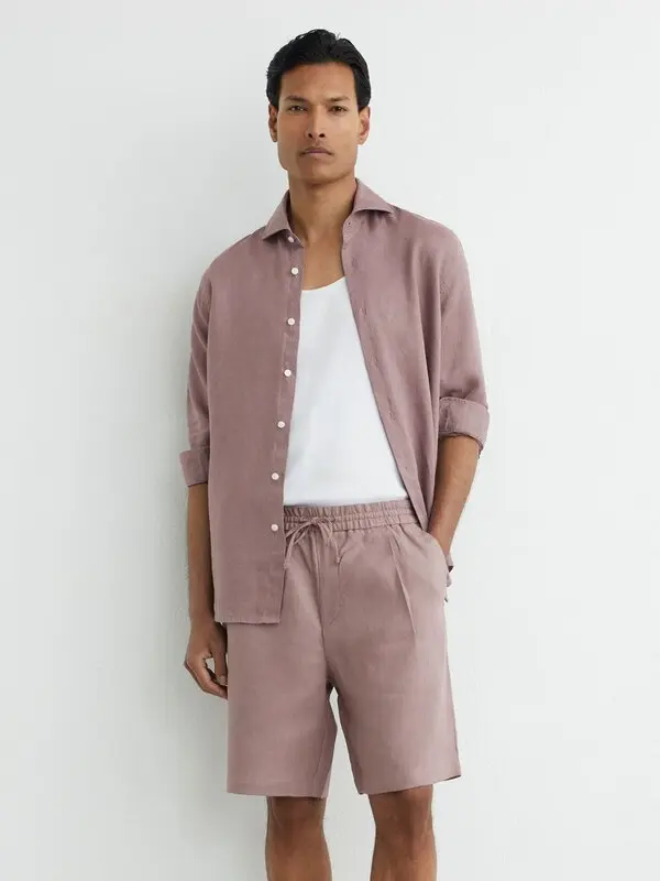 REISS Linen Drawstring Shorts - Lavender Pink