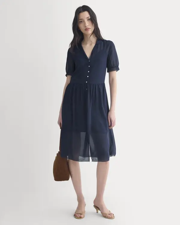 Everlane Notch Collar Shirtdress In Silk Georgette - Navy