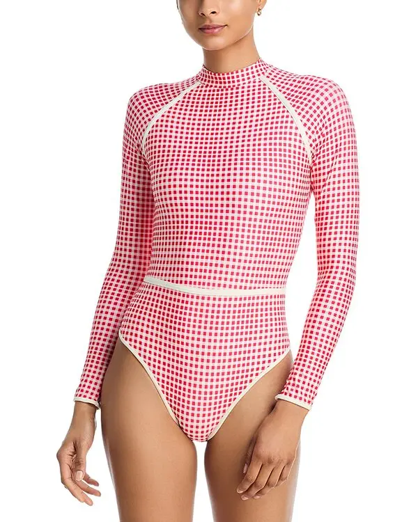 Aqua Long Sleeve One Piece Swimsuit - Gingham