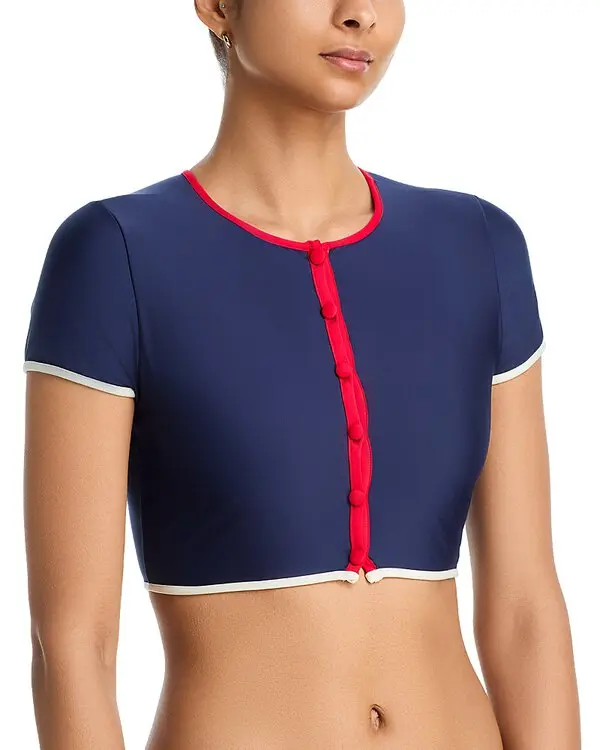 Aqua Crewneck Button Up Tankini Top - Blue/coral
