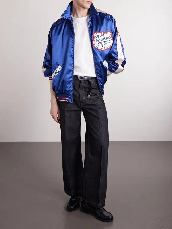Needles Stadium Logo-embroidered Satin Bomber Jacket - Blue