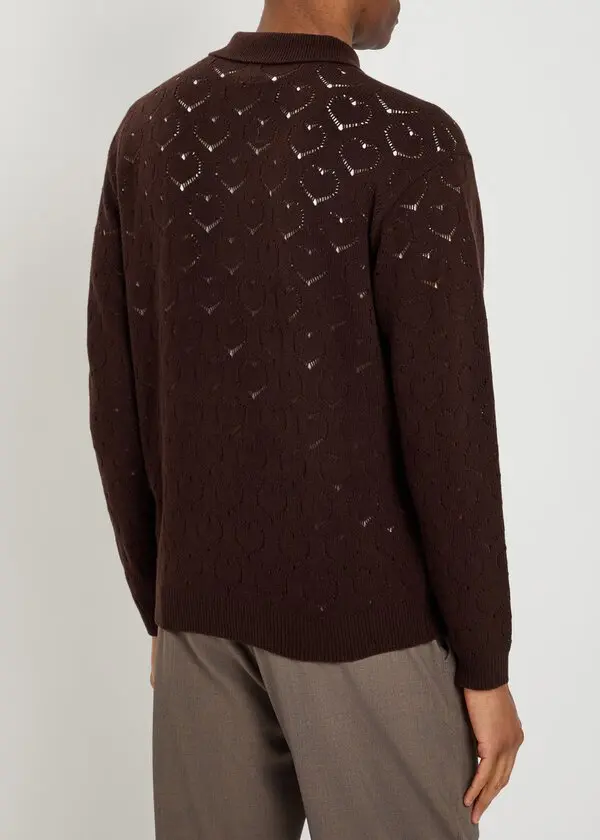 VOWELS Pointelle-knit Wool Polo Jumper - Brown