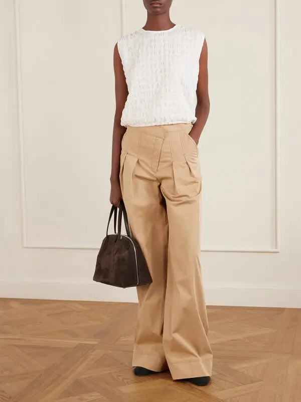 Veronica Beard Pleated Cotton-blend Twill Wide-leg Pants - Green