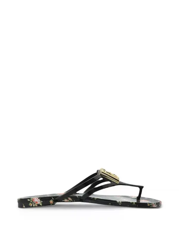 Dolce & Gabbana Floral Print Slides With Gold Tone Logo Plaque - Black
