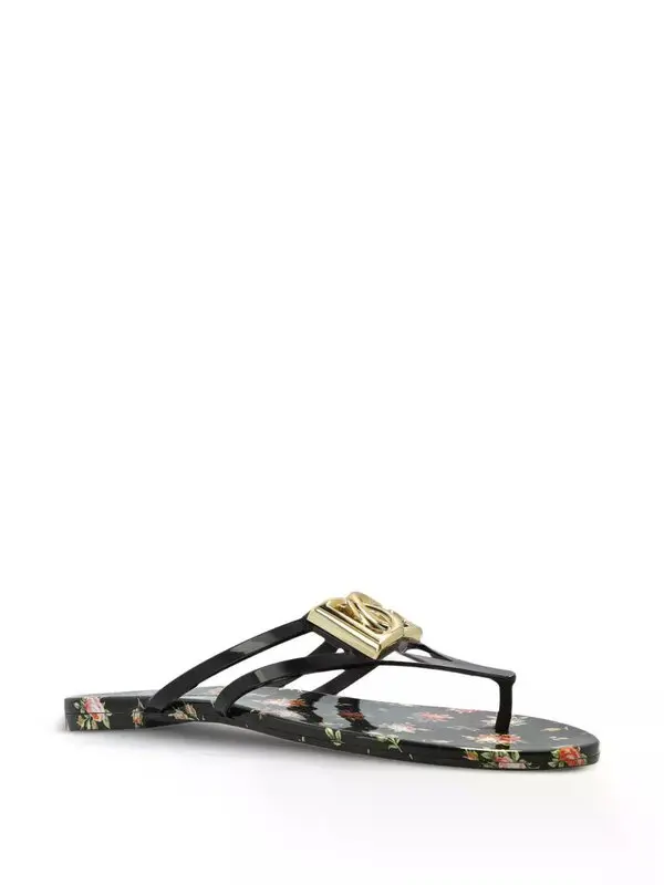 Dolce & Gabbana Floral Print Slides With Gold Tone Logo Plaque - Black