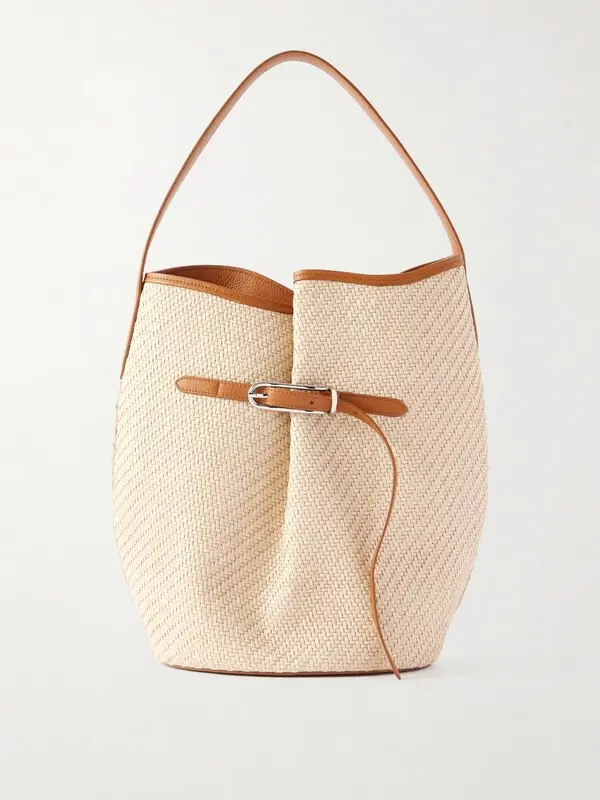 LIFFNER Buckled Leather-trimmed Raffia Shoulder Bag - Neutrals