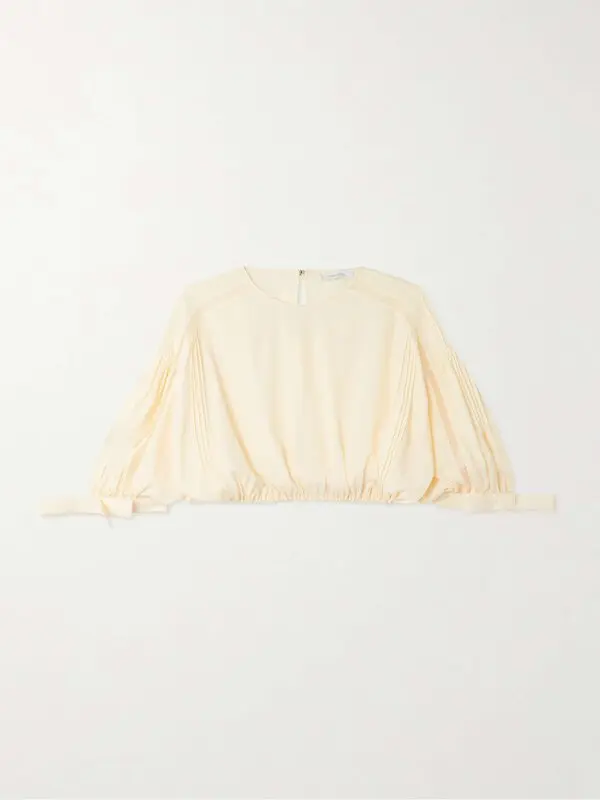 Rabanne Cropped Bow-detailed Lace-trimmed Pleated Crepe Top - Ecru