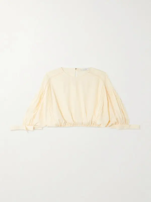 Rabanne Cropped Bow-detailed Lace-trimmed Pleated Crepe Top - Neutrals