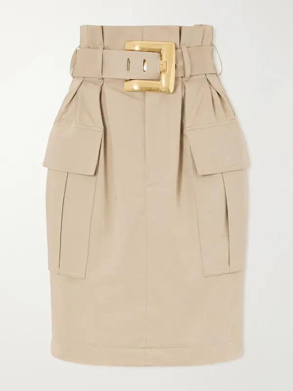 Balmain Belted Cotton-gabardine Midi Skirt - Neutrals