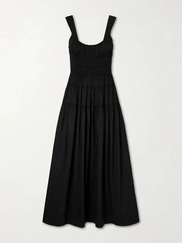 DÔEN Clover Smocked Organic Cotton-poplin Midi Dress - Black
