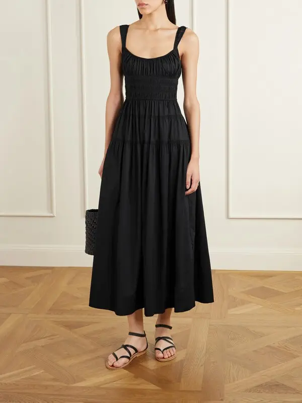 DÔEN Clover Smocked Organic Cotton-poplin Midi Dress - Black