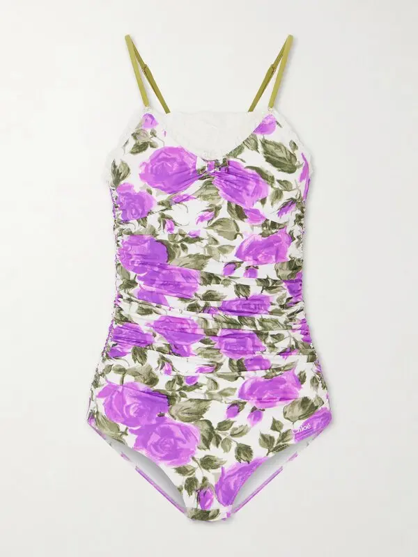 Chloé Bow-detailed Floral-print Swimsuit With Lace Trim - Purple