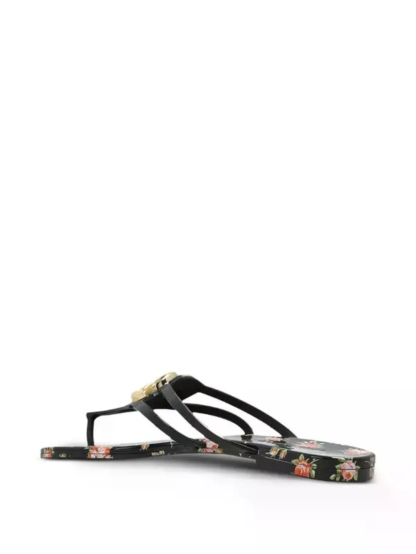 Dolce & Gabbana Floral Print Slides With Logo Plaque - Black