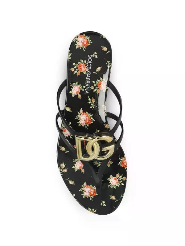Dolce & Gabbana Floral Print Slides With Logo Plaque - Black