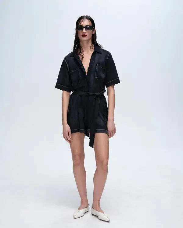 ATM Anthony Thomas Melillo Pique Mixed Media Short Sleeve Romper - Black
