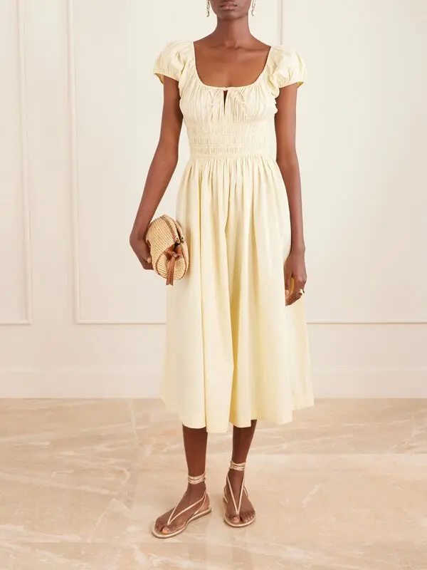 DÔEN Quinn Smocked Organic Cotton-poplin Midi Dress - Yellow