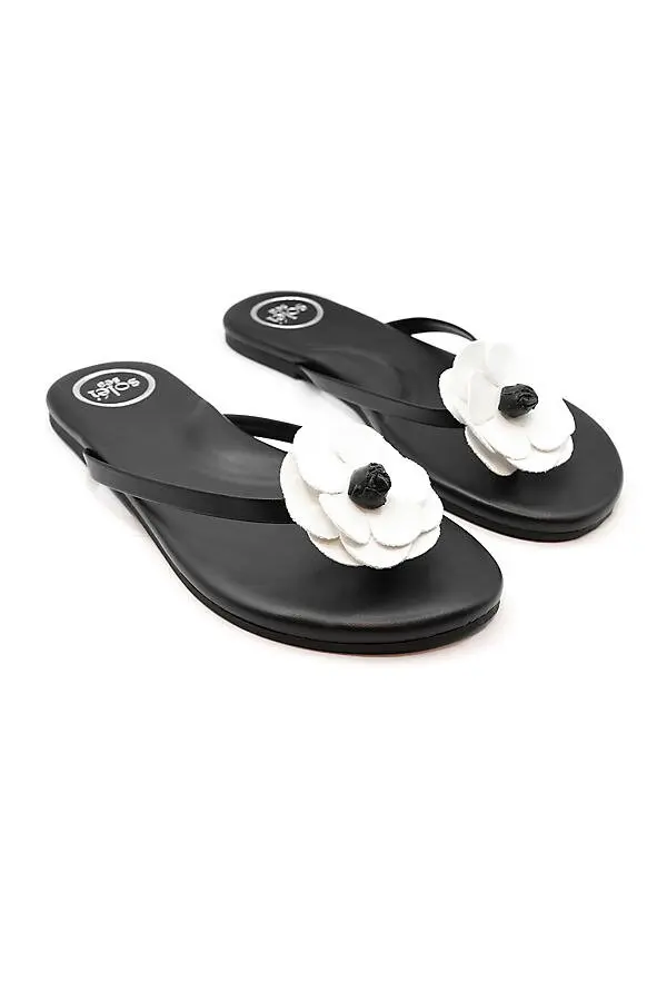 SOLEI SEA Valenta Flip-flop Sandals With Floral Embellishment - Black & White Pattern