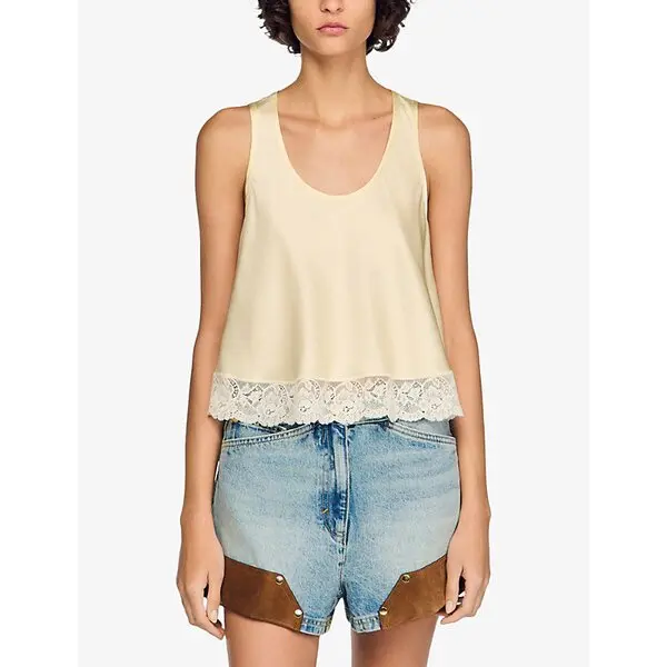 Sandro Sleeveless Lace-trim Satin Top - Light Yellow
