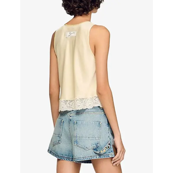 Sandro Sleeveless Lace-trim Satin Top - Light Yellow
