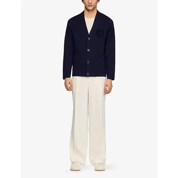 Sandro Crochet-flower V-neck Knitted Cardigan - Navy Blue