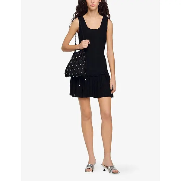 Sandro Sleeveless Ruffle-hem Knitted Mini Dress - Black