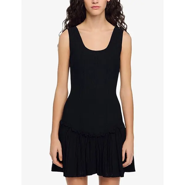 Sandro Sleeveless Ruffle-hem Knitted Mini Dress - Black