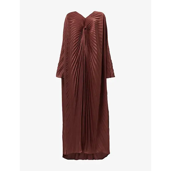 LEEM Pleated V-neck Woven Maxi Dress - Brown