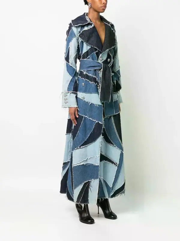 Philipp Plein Denim Patchwork Double-breasted Coat