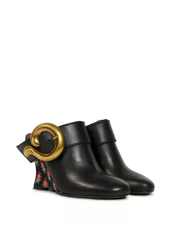 Etro Leather Wedge Mules With Paisley Buckle