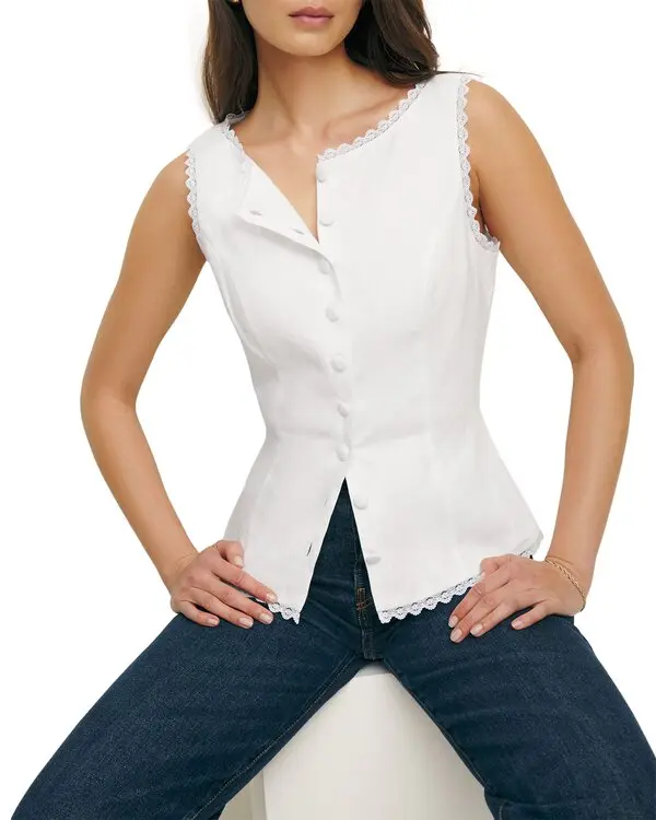 REFORMATION Amela Linen Top With Lace Trim - White