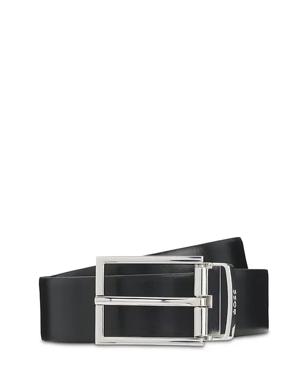 BOSS Otano Polished Leather Belt With Silver-tone Hardware - Black