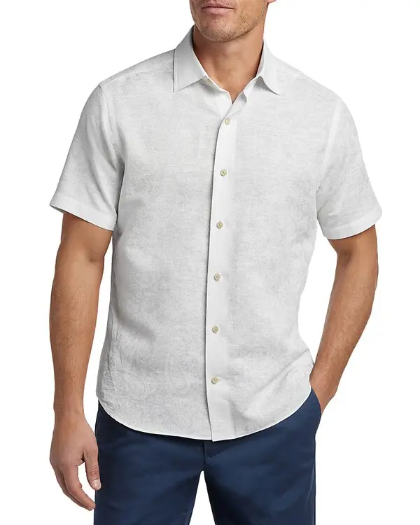 David Donahue Linen Cotton Paisley Short Sleeve Shirt - White