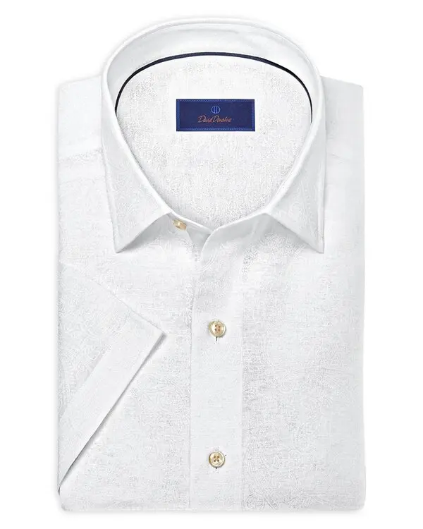 David Donahue Linen Cotton Paisley Short Sleeve Shirt - White